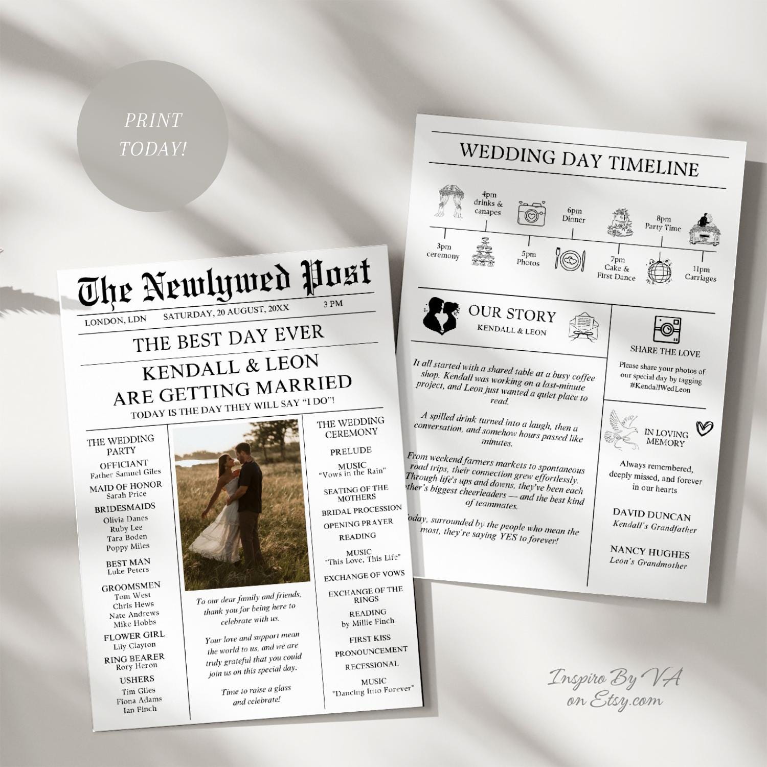 Modern Newspaper Wedding Programme Fan, Printable Wedding Timeline Fans ...