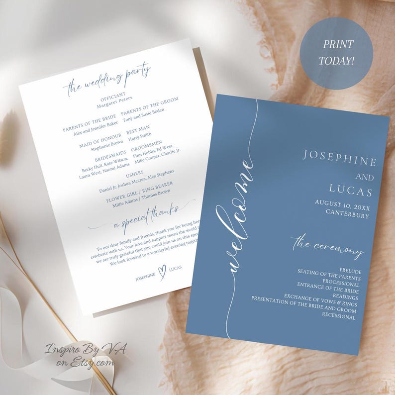 Dusty Blue Modern Wedding Program Fans Template, Wedding Ceremony ...