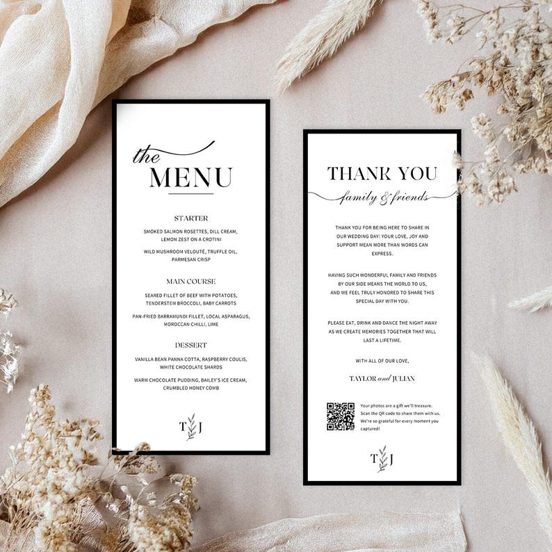Wedding Menu Thank You Note Template, Modern, Elegant Menu Thank You ...