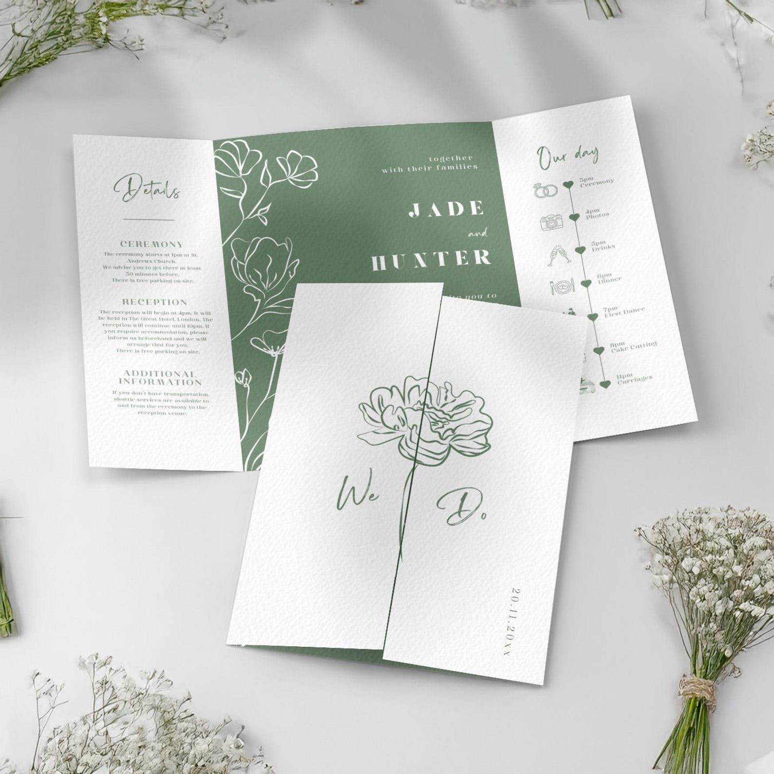Elegant Hand Drawn Flower Gatefold Wedding Invitation, Folding Invite ...
