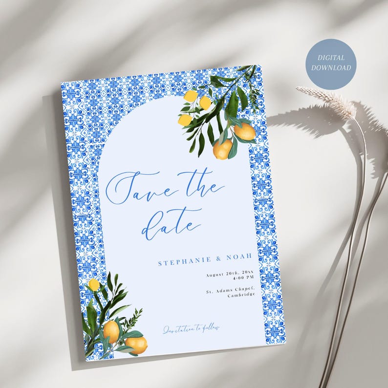 Save the Date Lemon Italian Blue Tile, Elegant Bridal Shower Invite ...