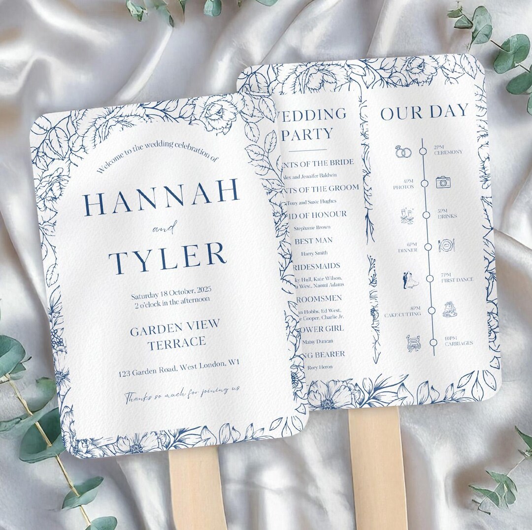 Blue and White Wedding Program Fans, Elegant Floral Ceremony Program ...