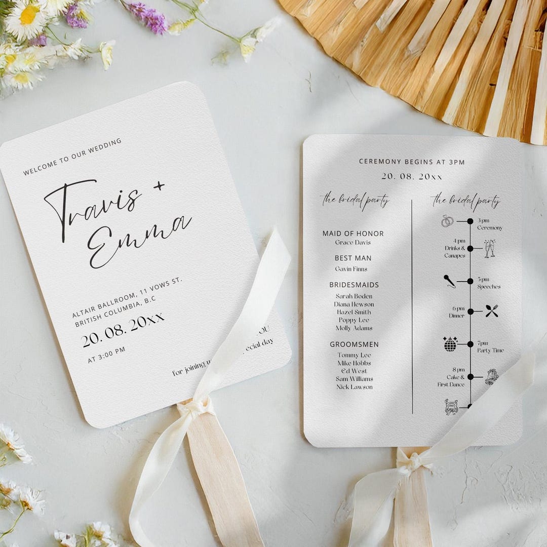 Modern Aesthetic Wedding Program Fans Template, Wedding Timeline ...