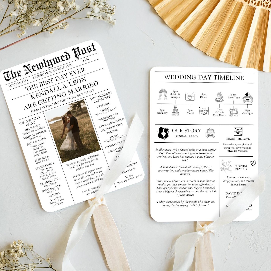 Modern Newspaper Wedding Programme Fan, Printable Wedding Timeline Fans ...