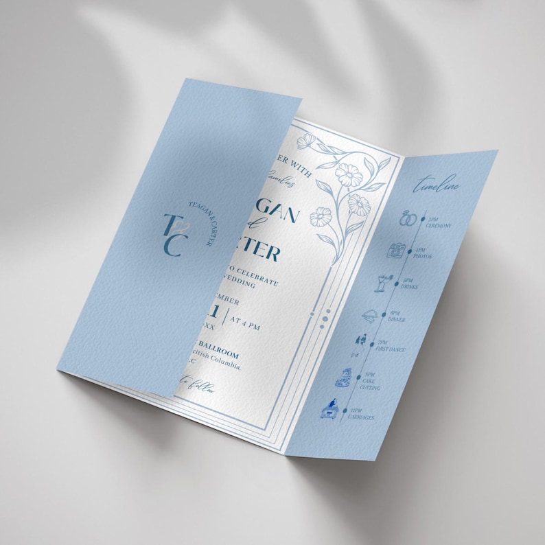 Elegant Azure Blue Gatefold Photo Wedding Invitation, Folding Canva ...