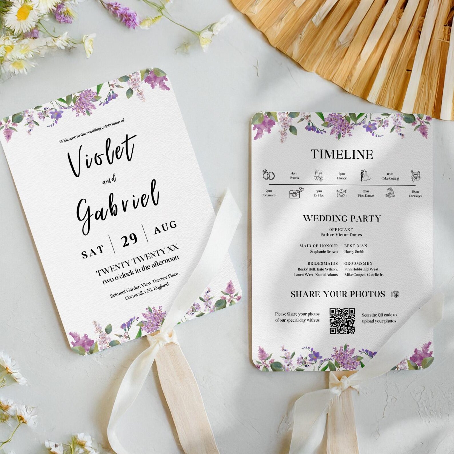 Floral Wedding Program Fans, Purple Flowers Ceremony Program Template ...