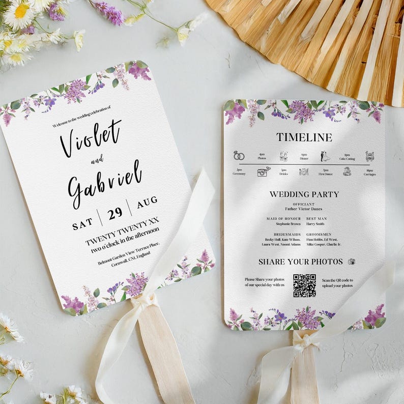 Floral Wedding Program Fans, Purple Flowers Ceremony Program Template ...
