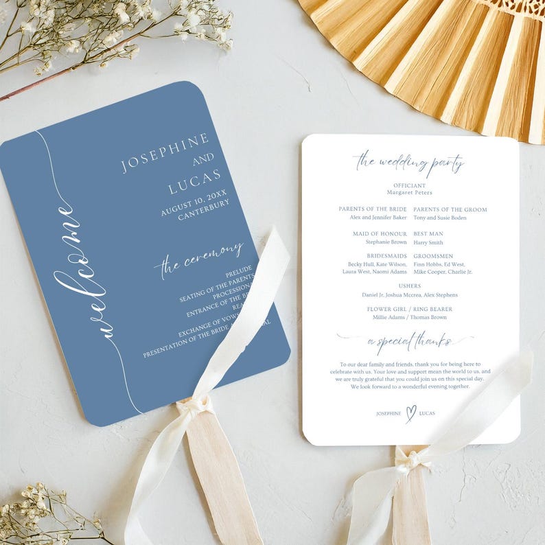 Dusty Blue Modern Wedding Program Fans Template, Wedding Ceremony Programme, Aesthetic Wedding ...