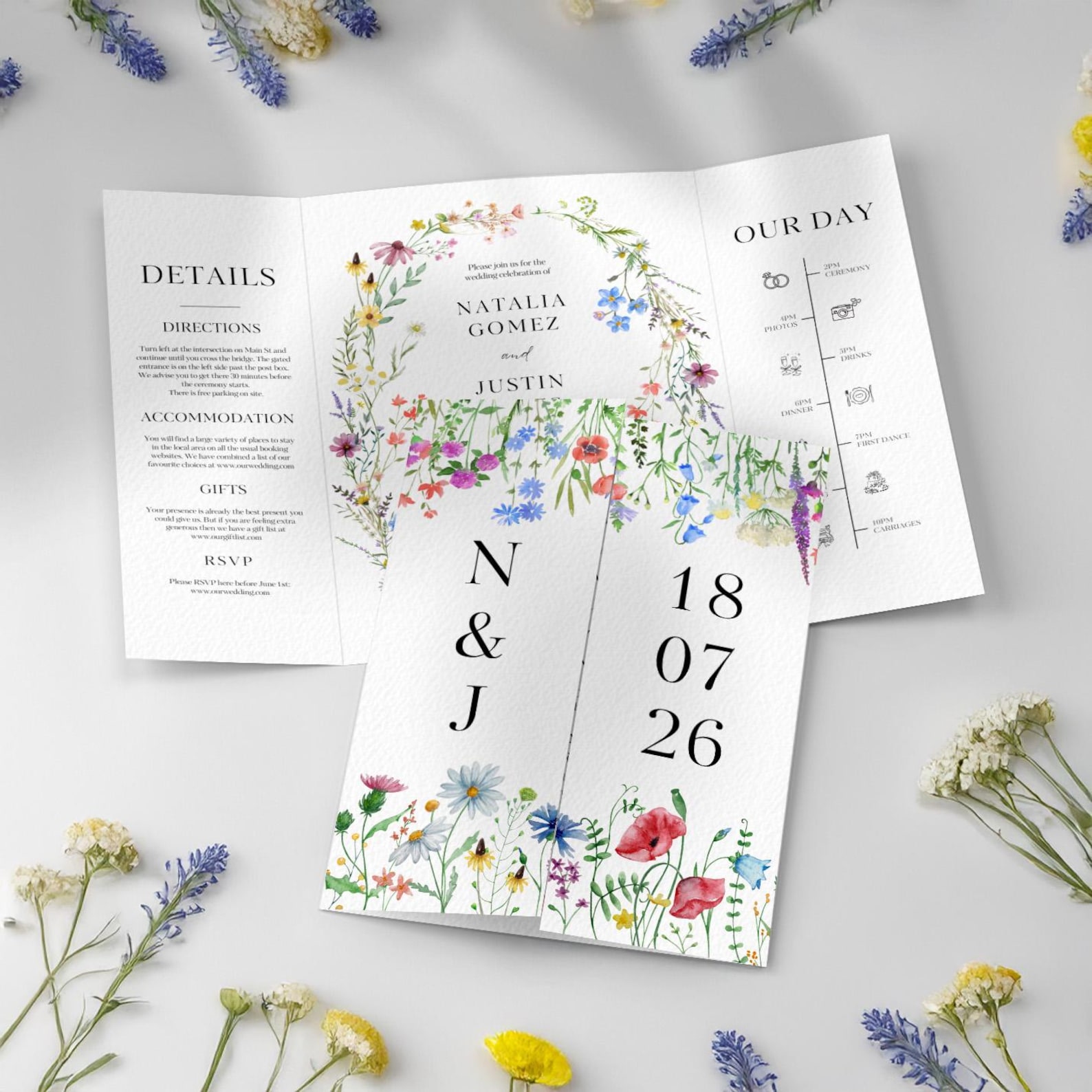 Folding Floral Wedding Invitation Template, Elegant Gatefold Wildflower ...