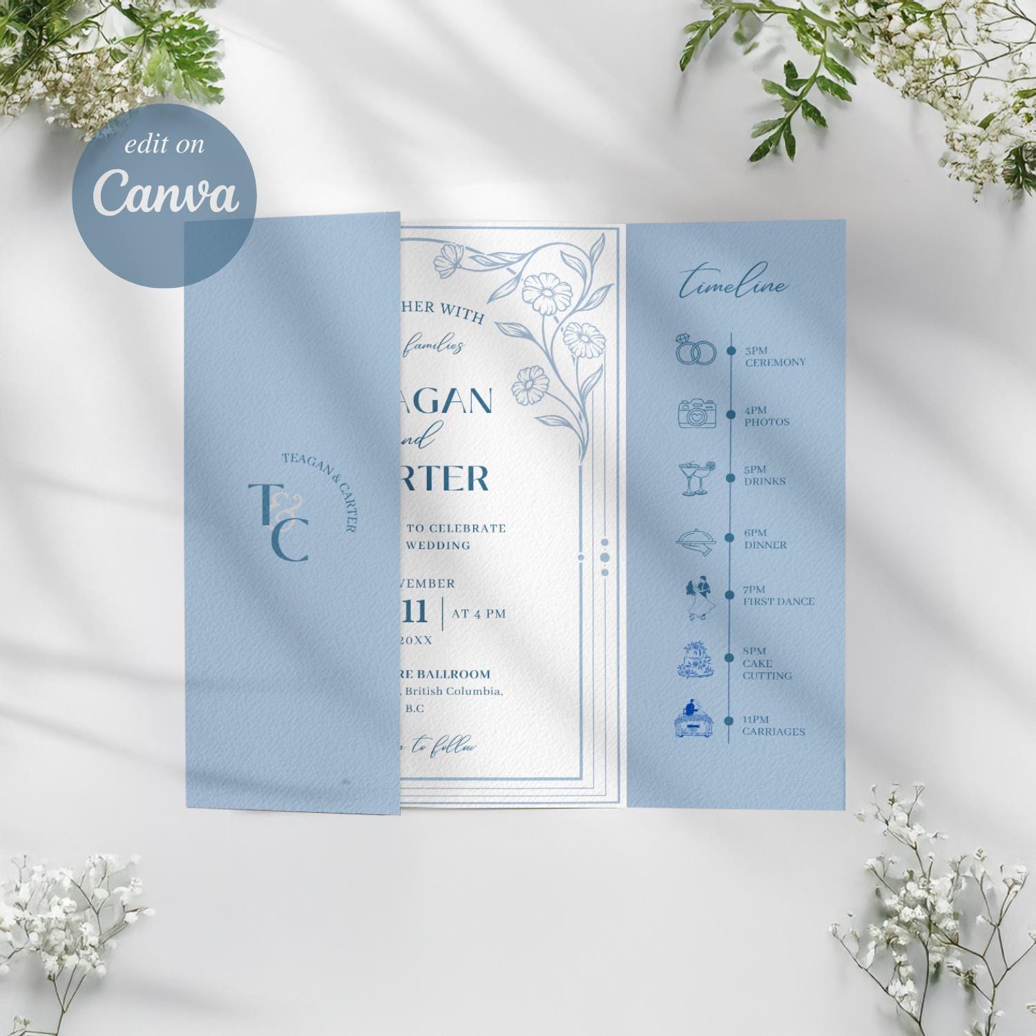Elegant Azure Blue Gatefold Photo Wedding Invitation, Folding Canva ...
