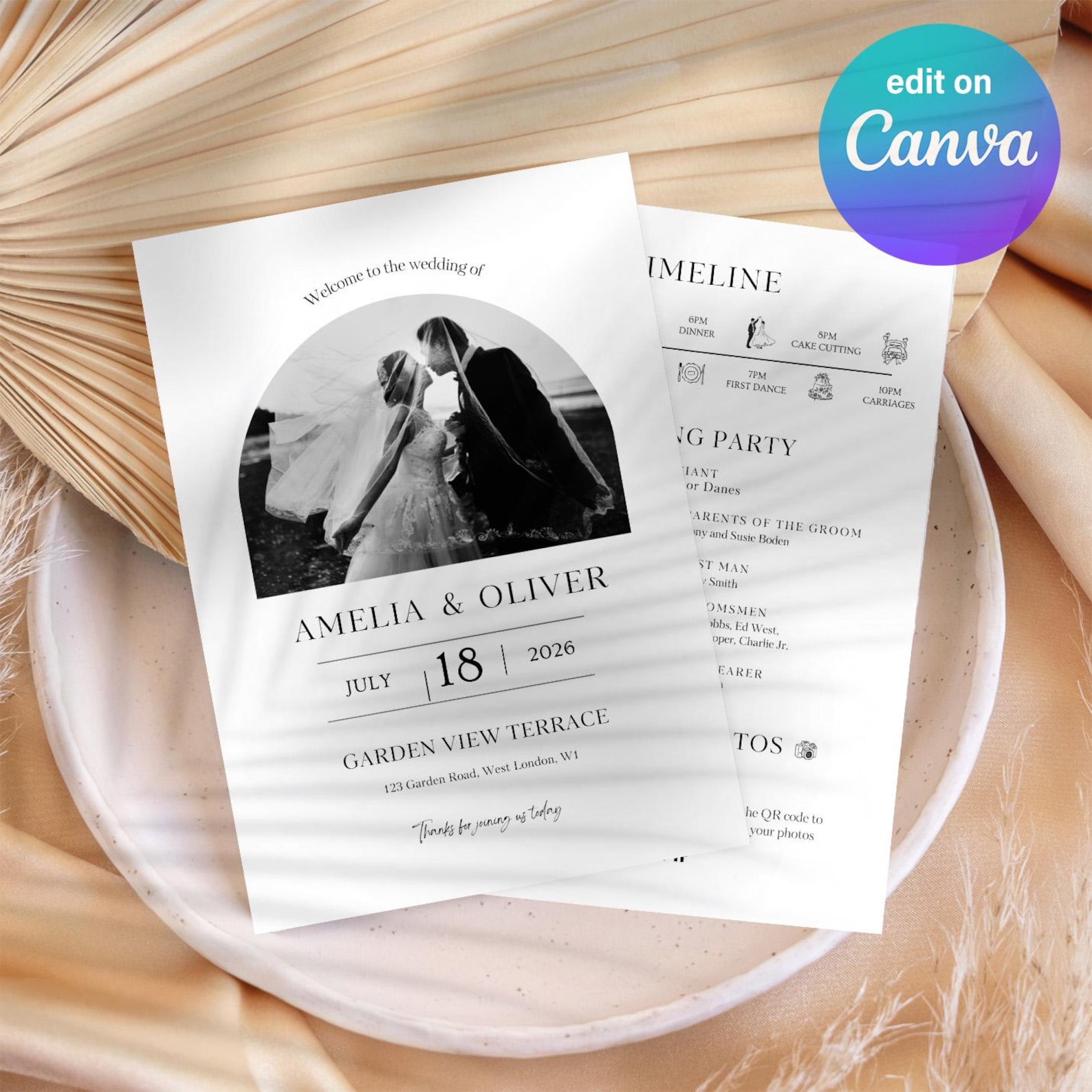 Wedding Fans Template, Minimal Editable in Canva, Wedding Program ...