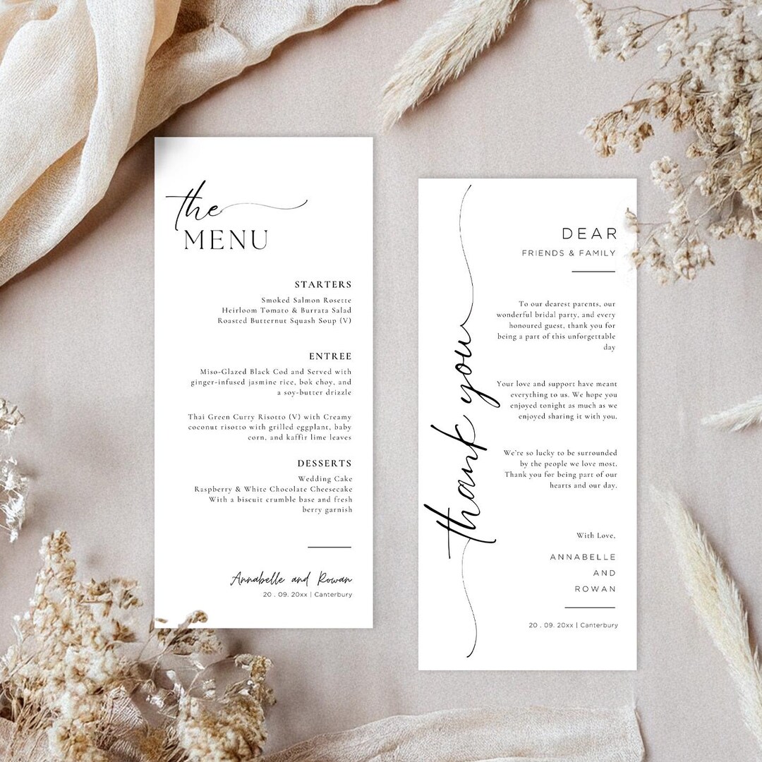 Minimal Menu and Thank You Card, Modern Wedding Napkin Note, Editable ...