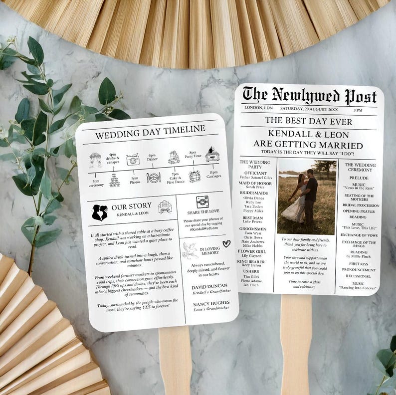 Modern Newspaper Wedding Programme Fan, Printable Wedding Timeline Fans ...