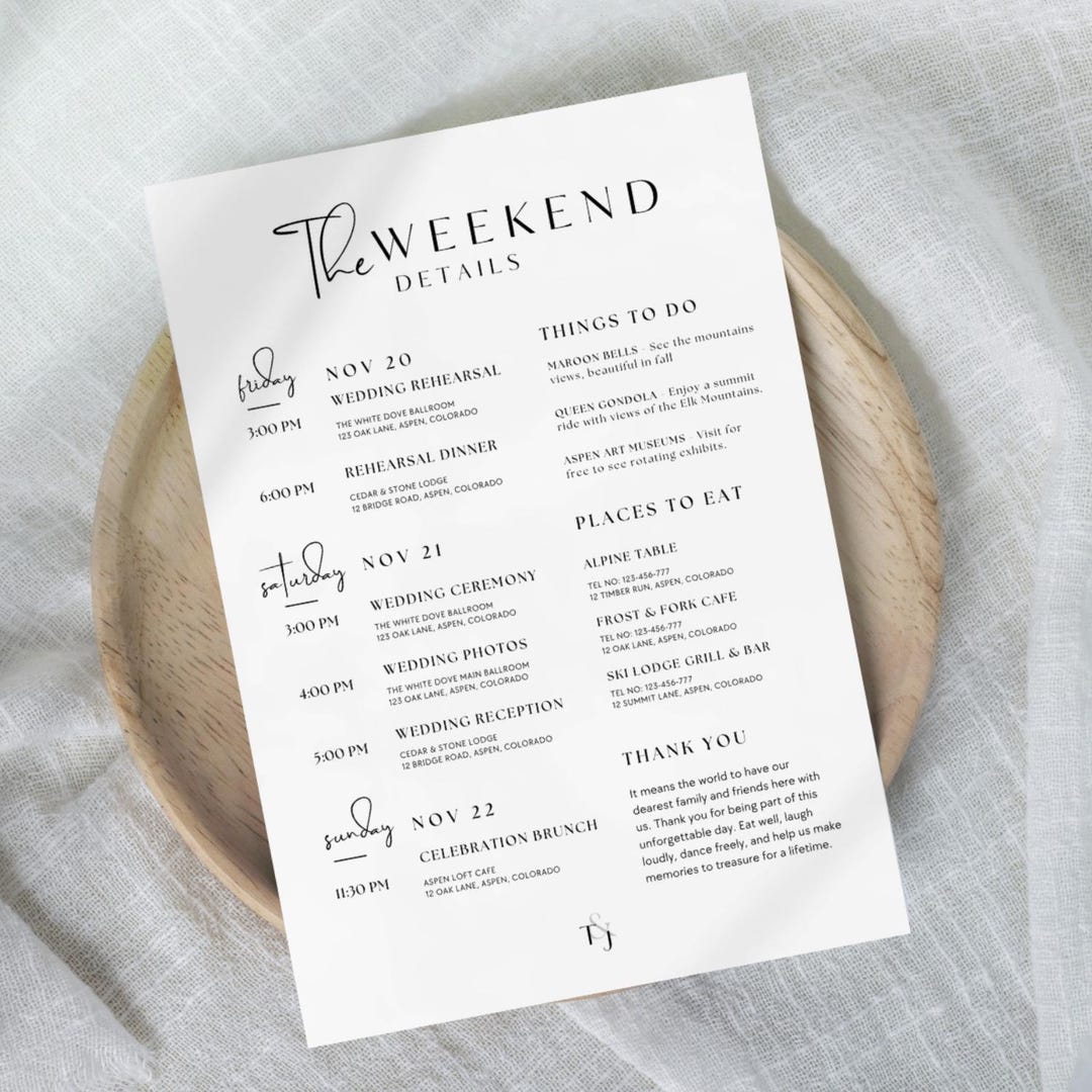Modern Wedding Weekend Itinerary Details Template, Wedding Order of ...
