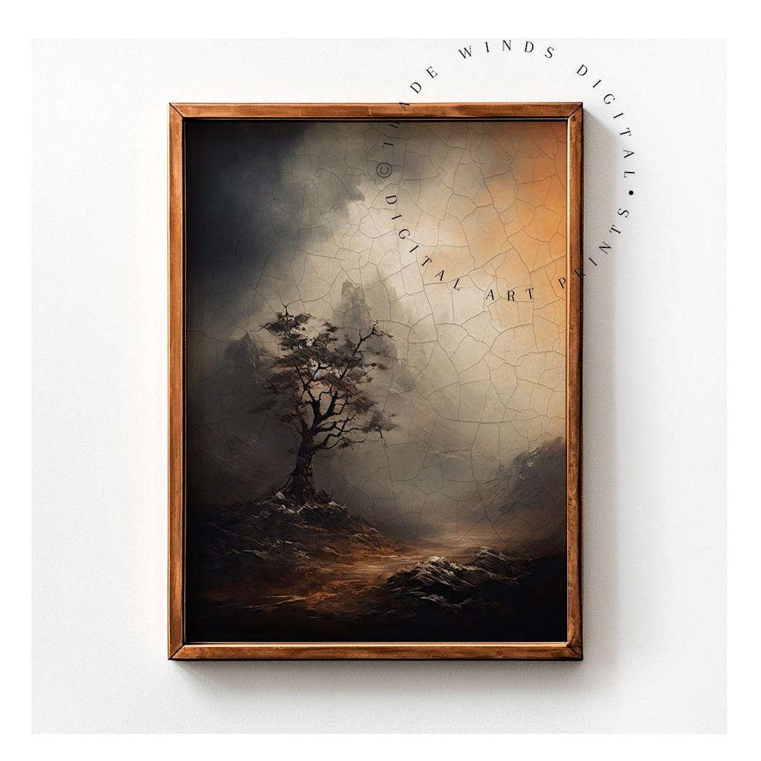 Lone Tree on a Mountain, Digital Wall Art, Tree Artwork, Moody ...