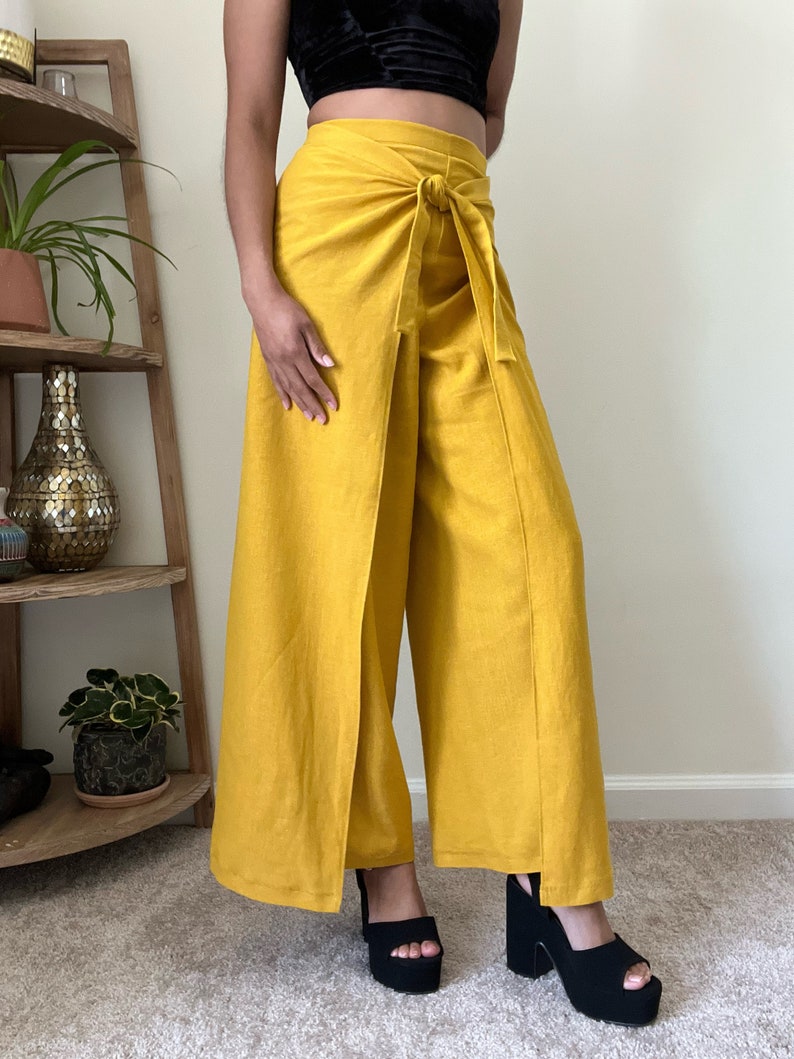 Mustard Yellow Linen Palazzo Wide Leg Wrap Pants - Customize the Size ...