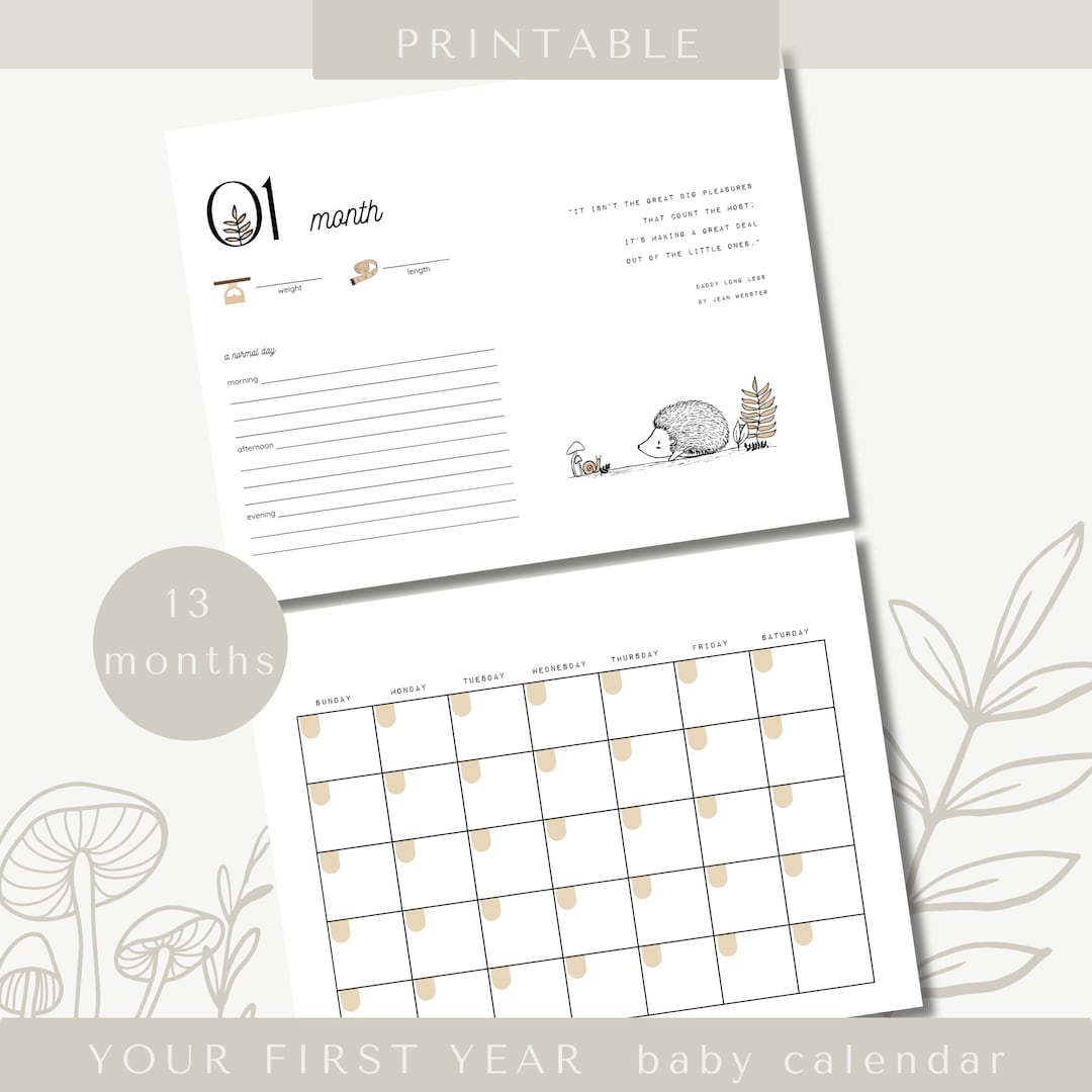 Printable Your First Year Baby Calendar Hand Drawn Animals Book Quotes ...
