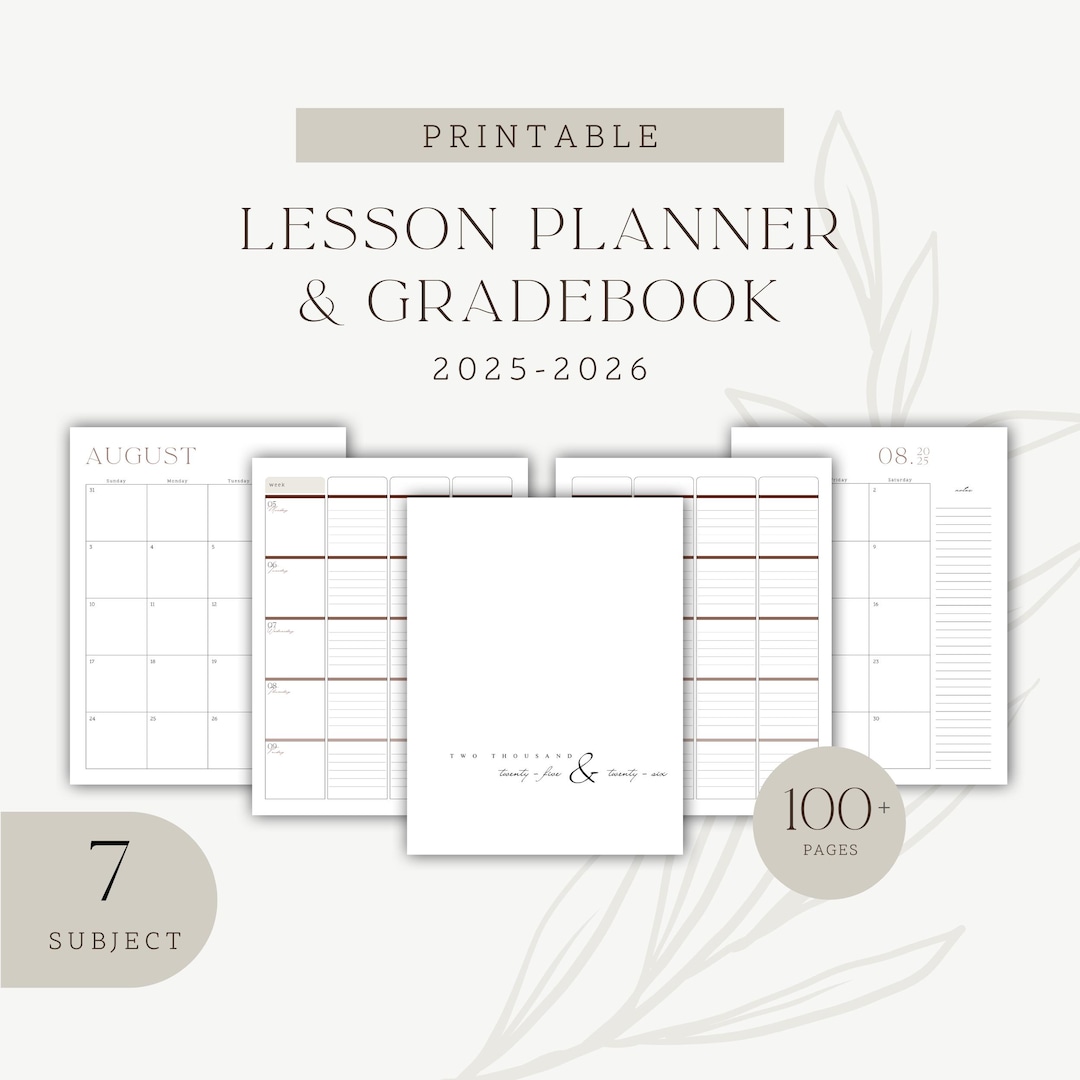 Printable Lesson Planner & Gradebook 2025-2026 | 7 Subject | Weekly ...