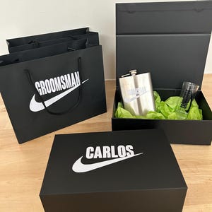 Shoe Box Groomsmen Sports Lover Proposal Box, Mens Flask and Shot Glass ...