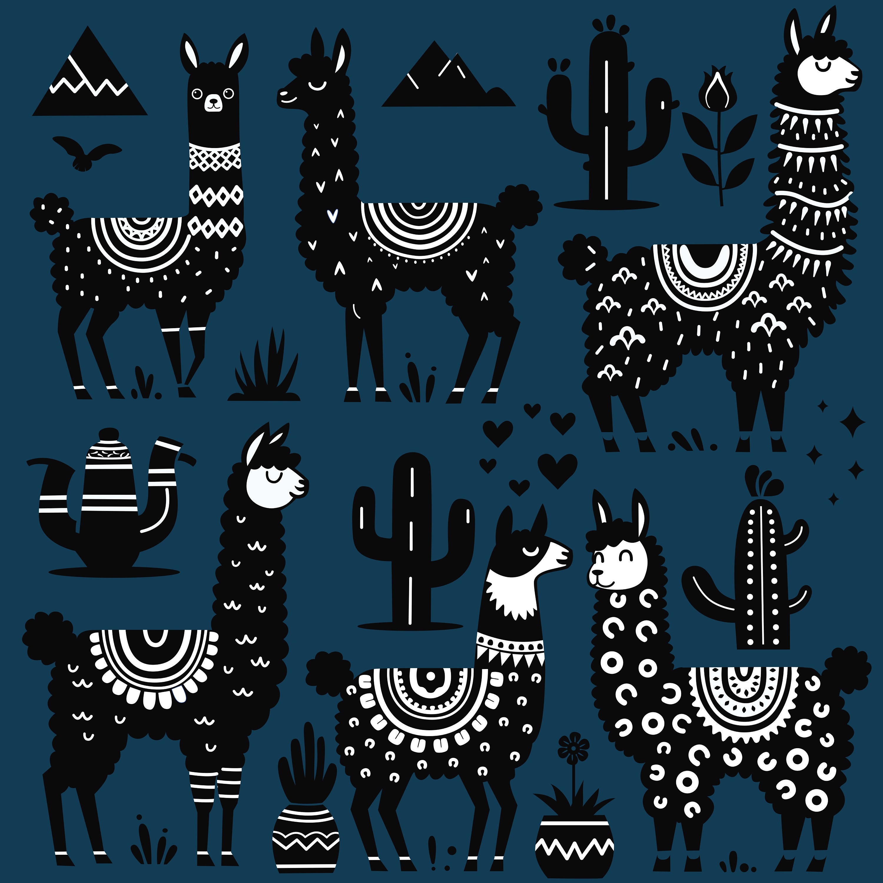 Llama Clipart SVG, Llama Black and White Illustration PNG, Alpaca Set ...