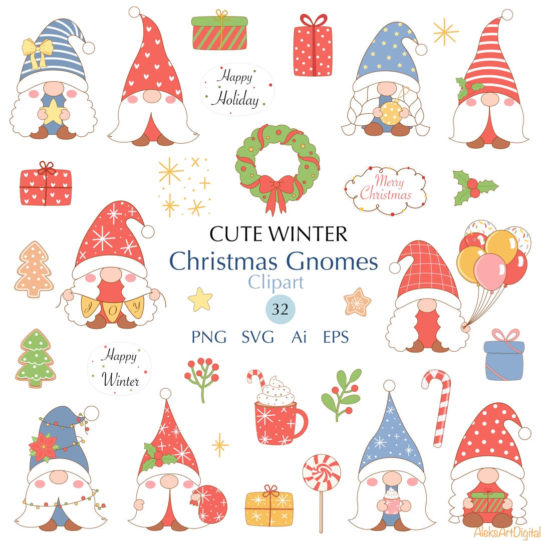 Christmas Gnomes SVG Clipart 32 Cute Winter New Year Holiday Gnomes PNG ...