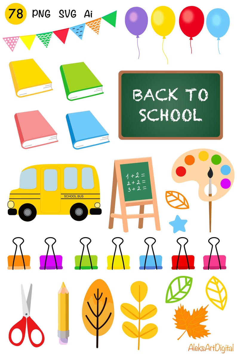 School Supplies Clipart Set SVG, School Clipart Bundle PNG, Art ...