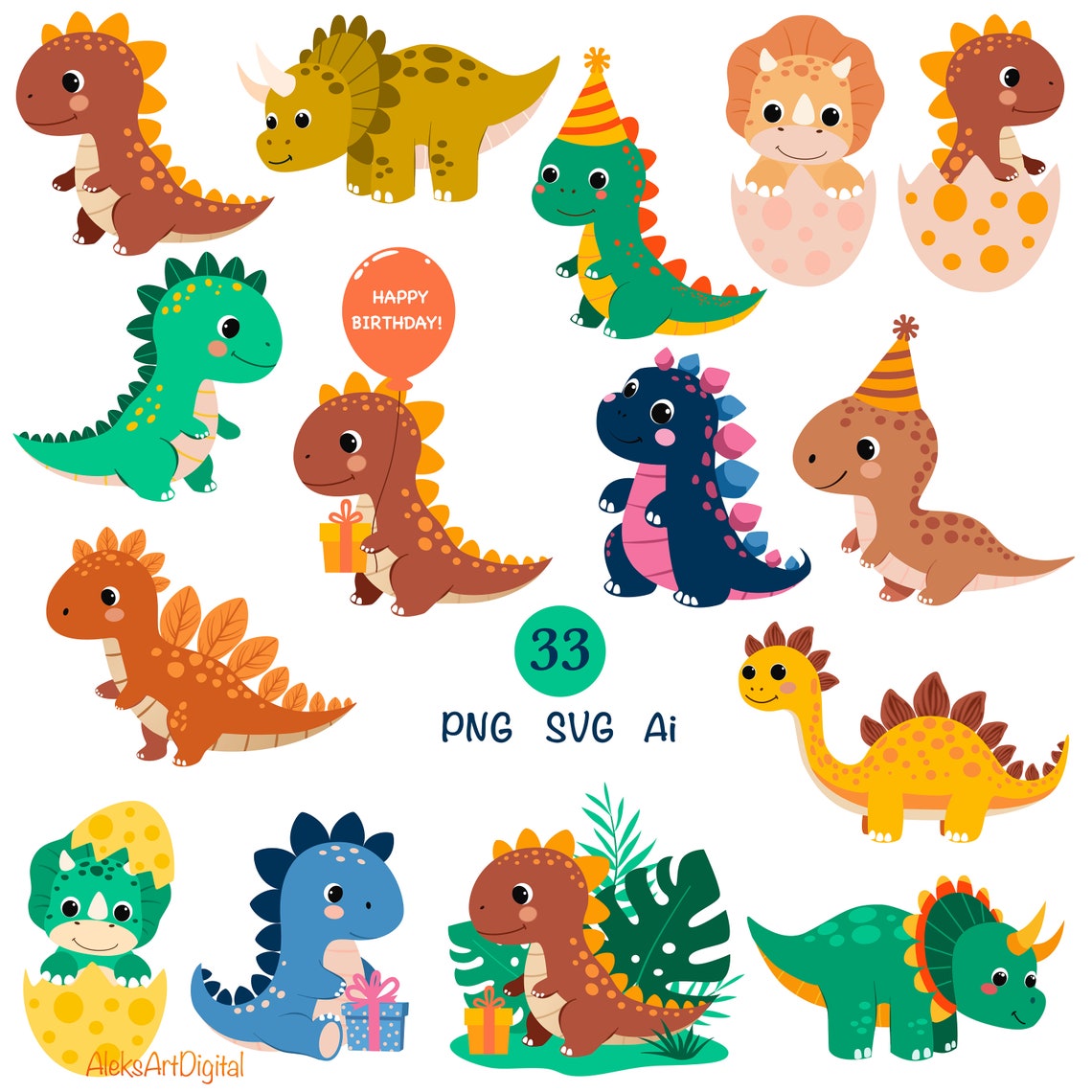 Dinosaur Birthday Clip Art SVG, Baby Dinosaur Bundle for Children's ...