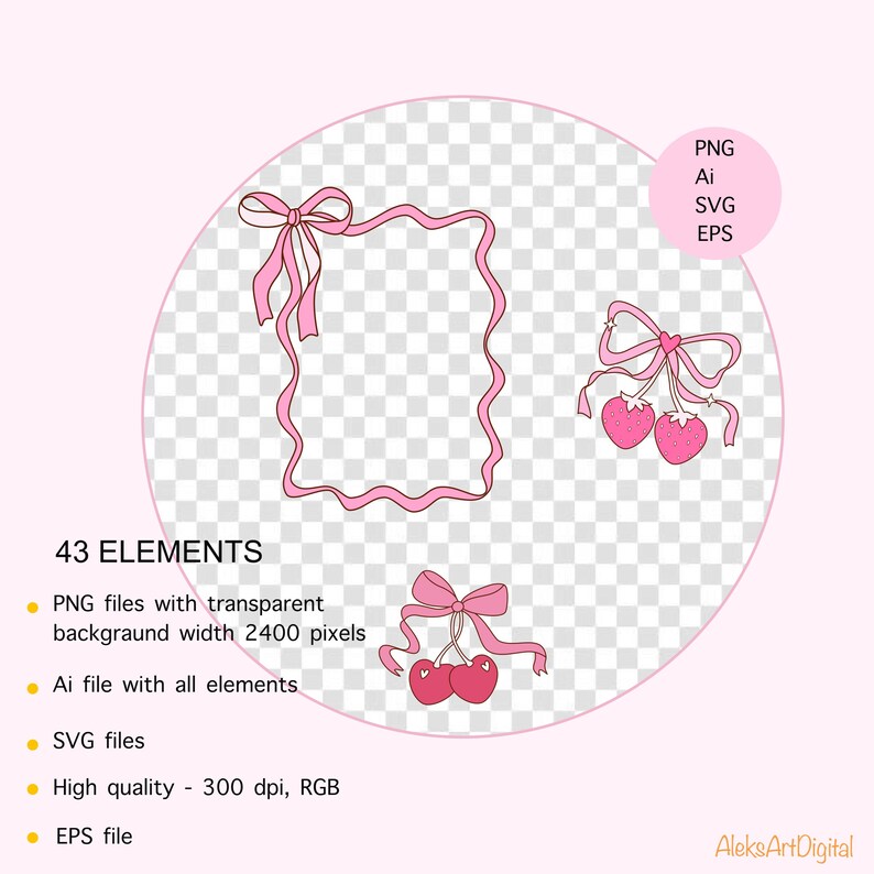 Pink Coquette Bow Clipart: Cherry & Strawberry Ribbon Frames (SVG, PNG ...
