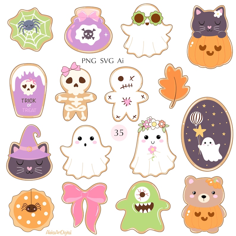 Halloween Sugar Cookies Clipart: Kawaii Spooky PNG SVG AI (digital ...