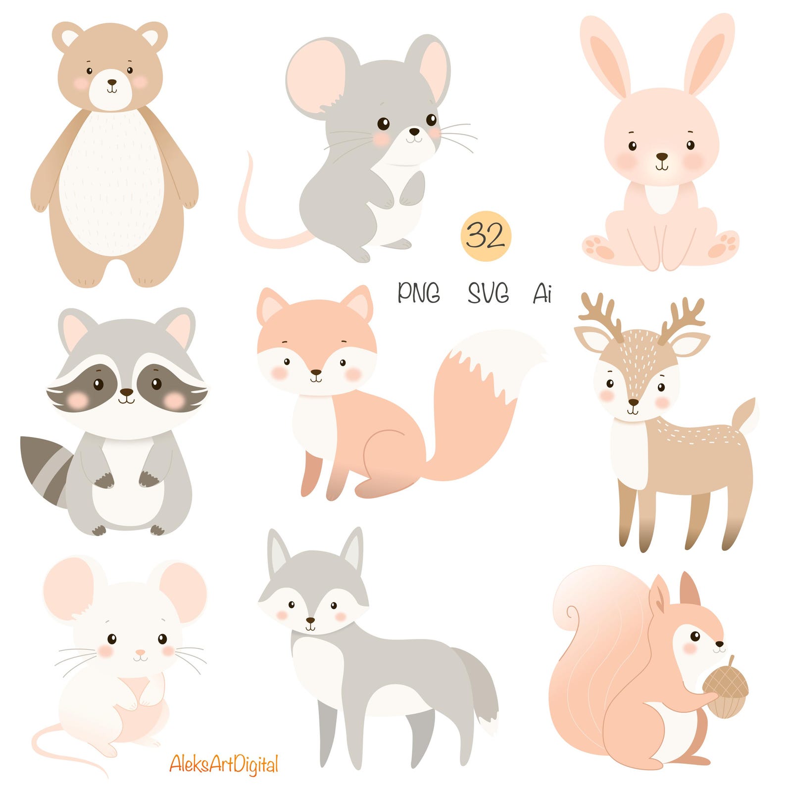 Woodland Animals Digital Clip Art in Pastel Colors SVG Bundle of Cute ...