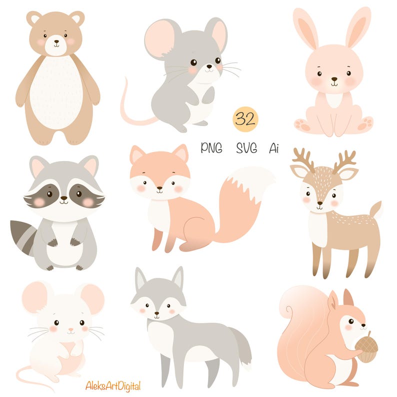 Woodland Animals Digital Clip Art in Pastel Colors SVG Bundle of Cute ...