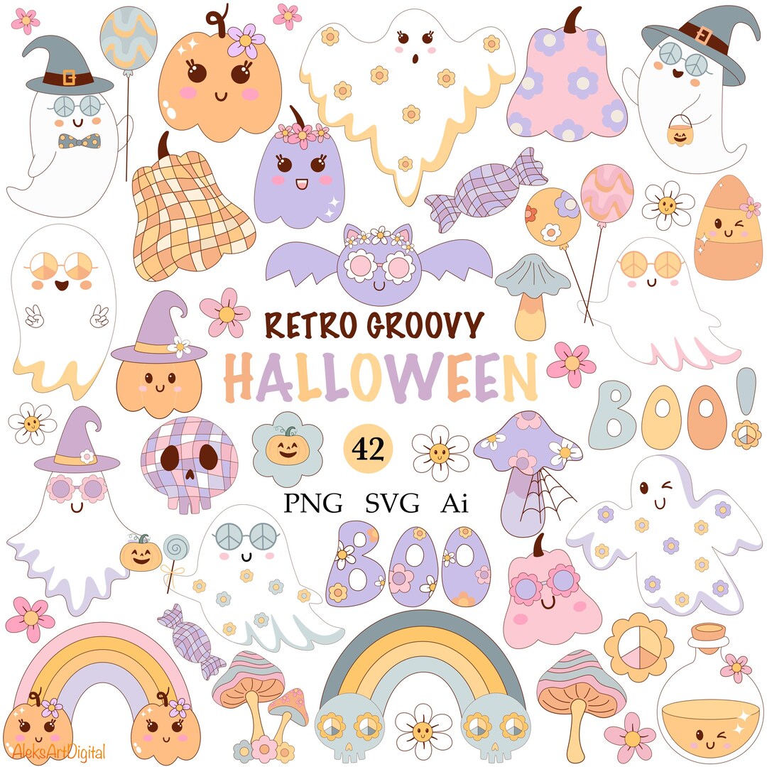 Groovy Halloween Clipart PNG Retro 70s Style, Bundle of Digital Graphic ...