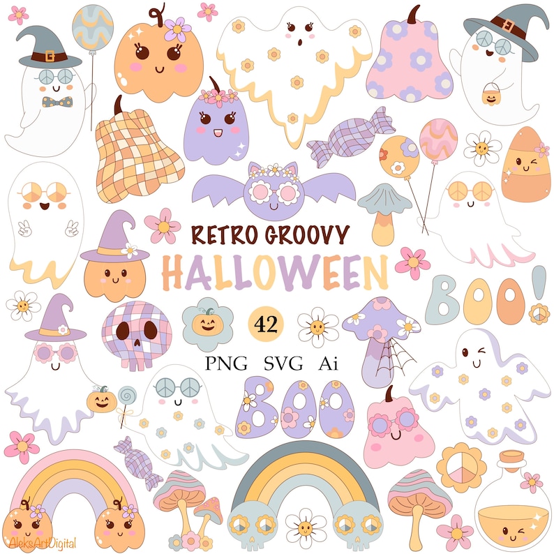 Retro Groovy Halloween Clipart: 70s Style Graphics (PNG, SVG, Ai) - Etsy