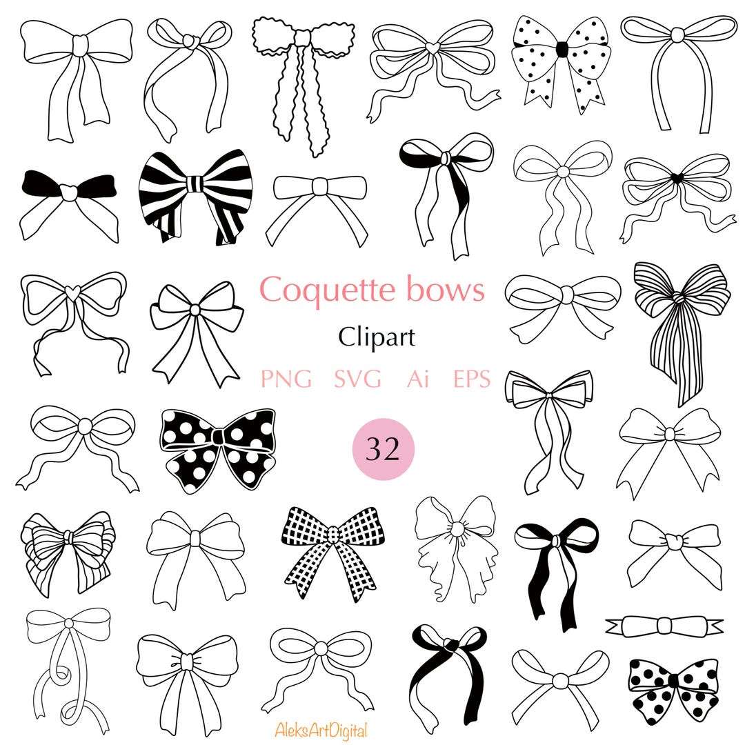 Coquette Black Bows 32 Girly Clipart Svg, Cute Hair Ribbons PNG, Retro ...