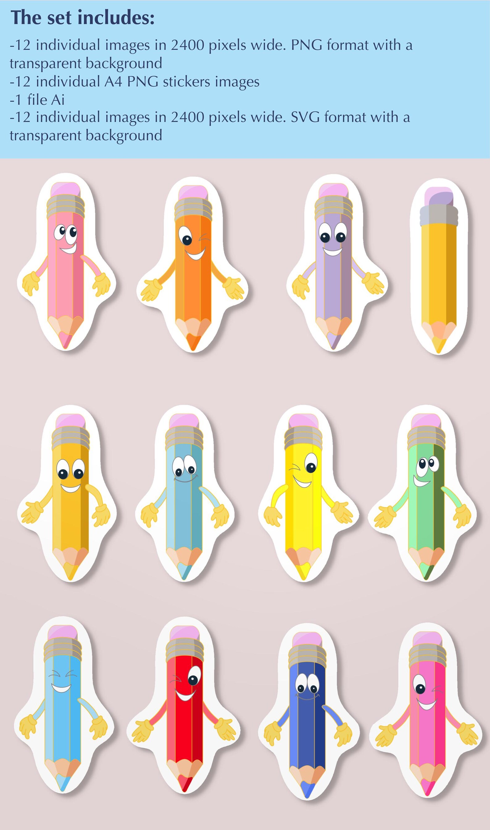 Smiling Pencils Clipart: Children's Stickers, PNG, SVG, AI (digital ...