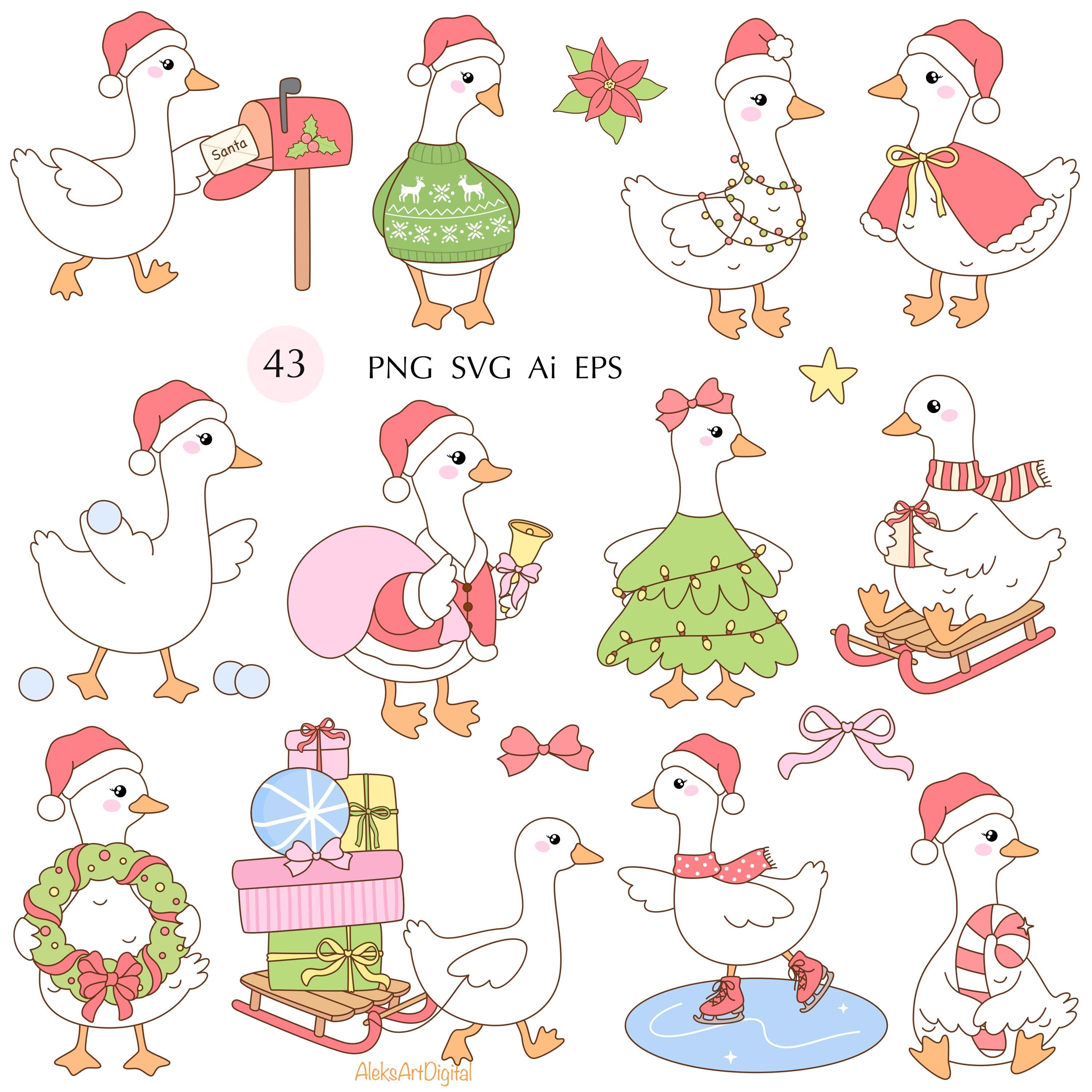 Christmas Goose Clipart Set, Hand Drawn Holiday Elements (digital ...