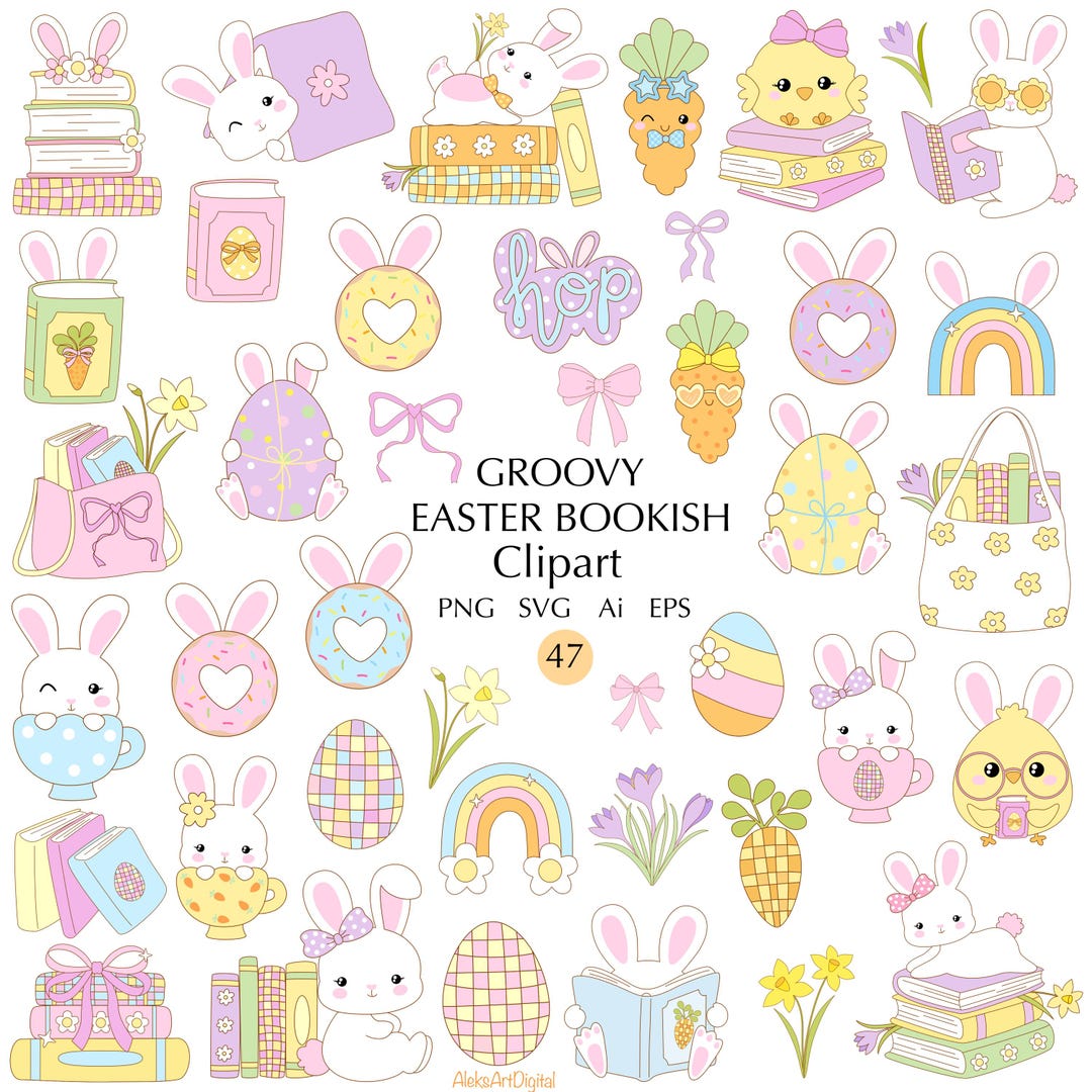 Groovy Easter Bookish Clipart: Pastel Bunnies, Books, Eggs (digital ...
