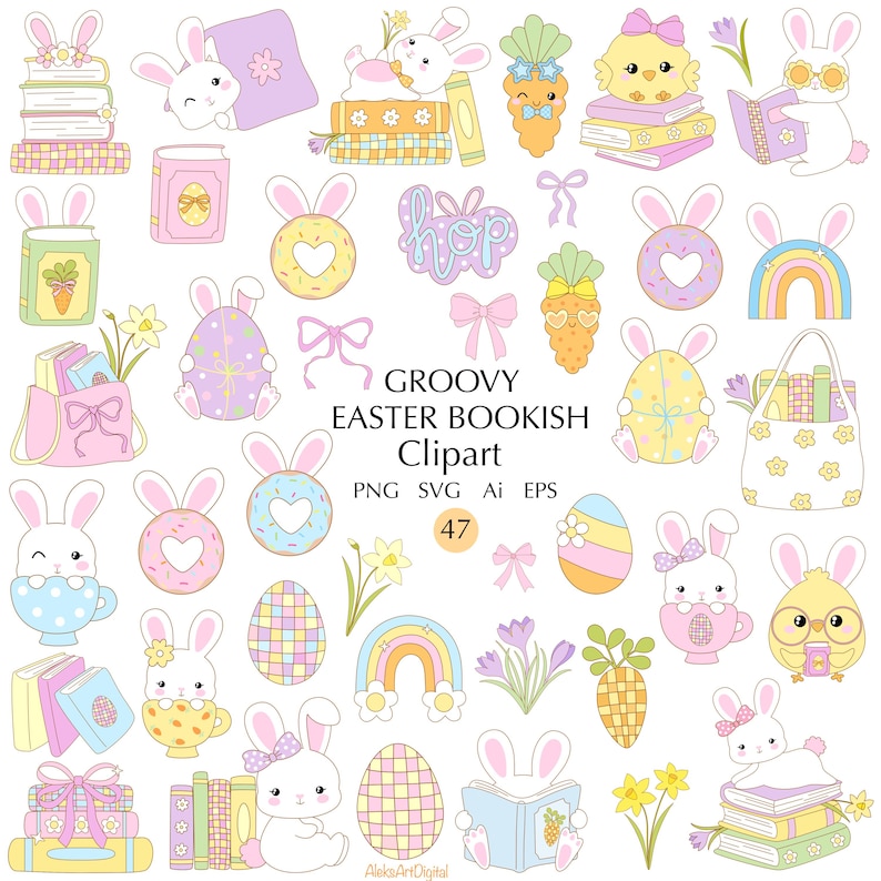 Groovy Easter Bookish Clipart: Pastel Bunnies, Books, Eggs (digital ...