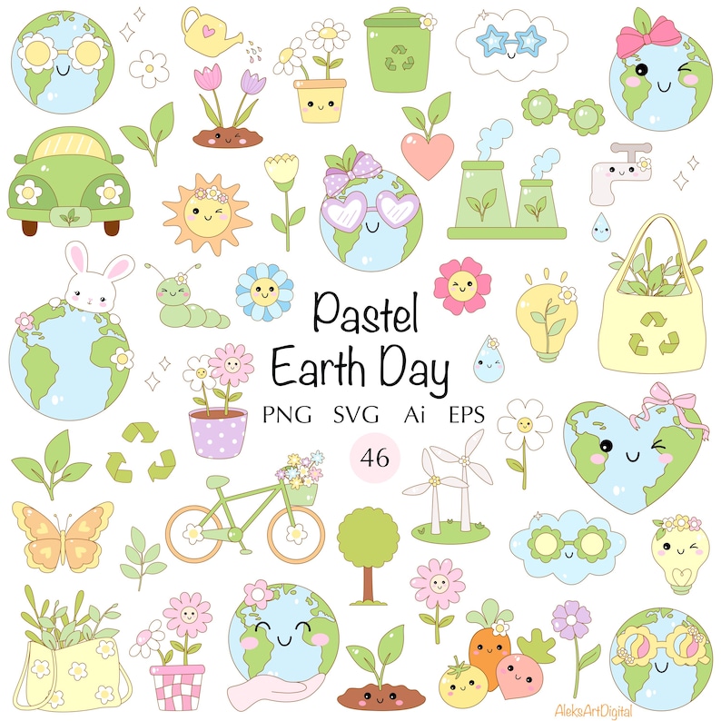 Retro Earth Day Clipart 46 SVG in Soft Pastel Colors, Cute Hippie ...