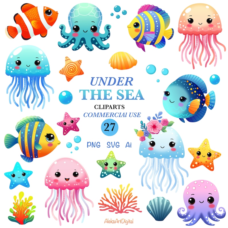 Under the Sea Clipart: Fish, Jellyfish, Octopus, Starfish (PNG, SVG, AI ...