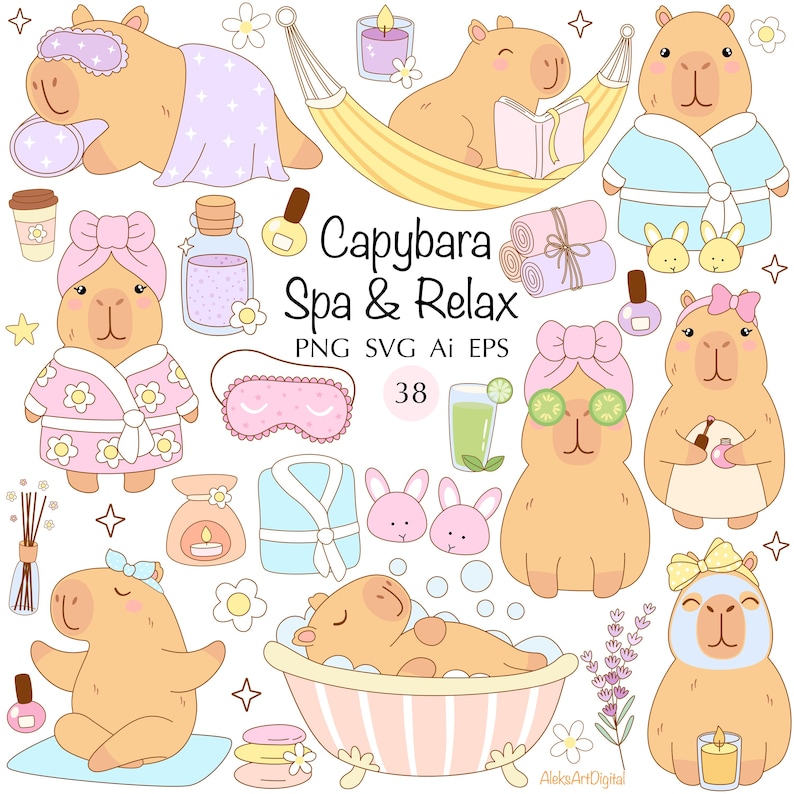 Capybara Spa Day Clipart: Relax Animals, Kawaii PNG SVG (38 Files) - Etsy