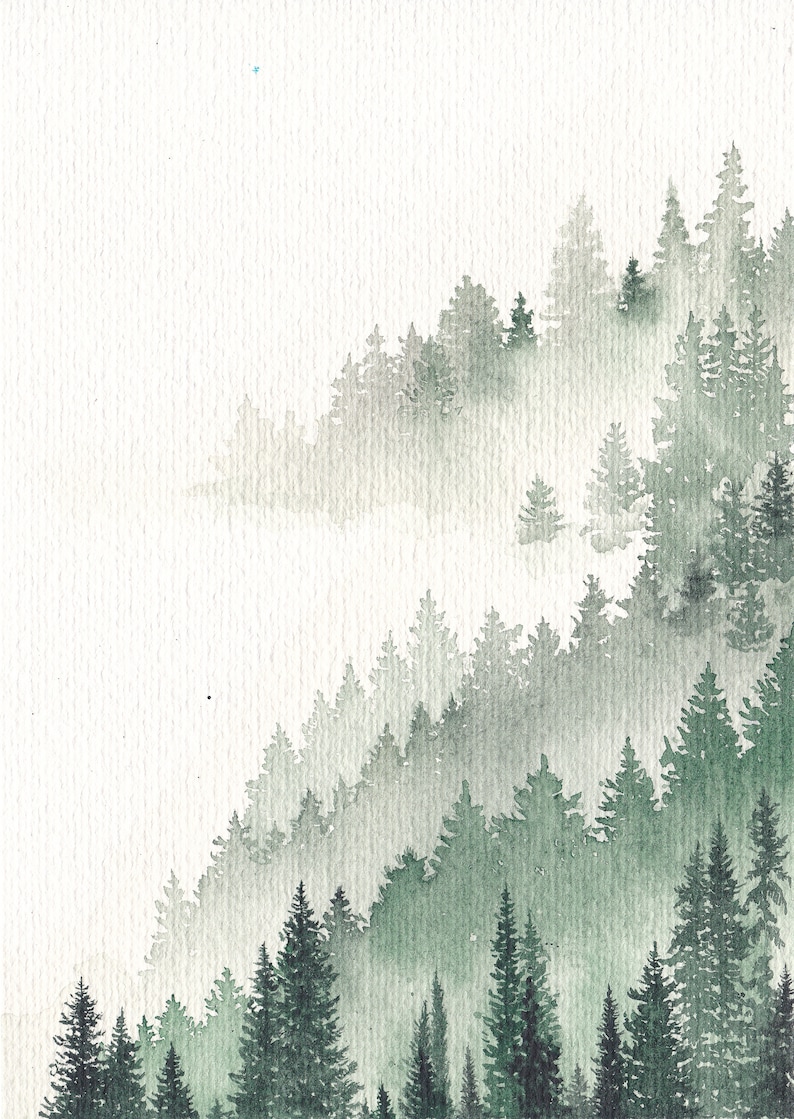 Forest Fog Watercolor Hand Drawing, Digital Illustration, Landscape Art ...