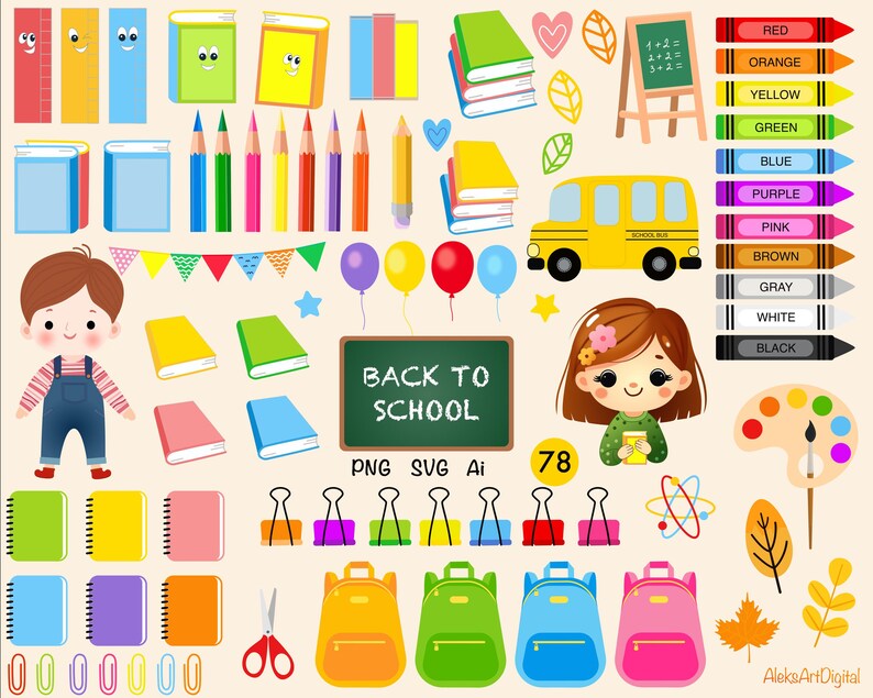 School Supplies Clipart Set SVG, School Clipart Bundle PNG, Art ...
