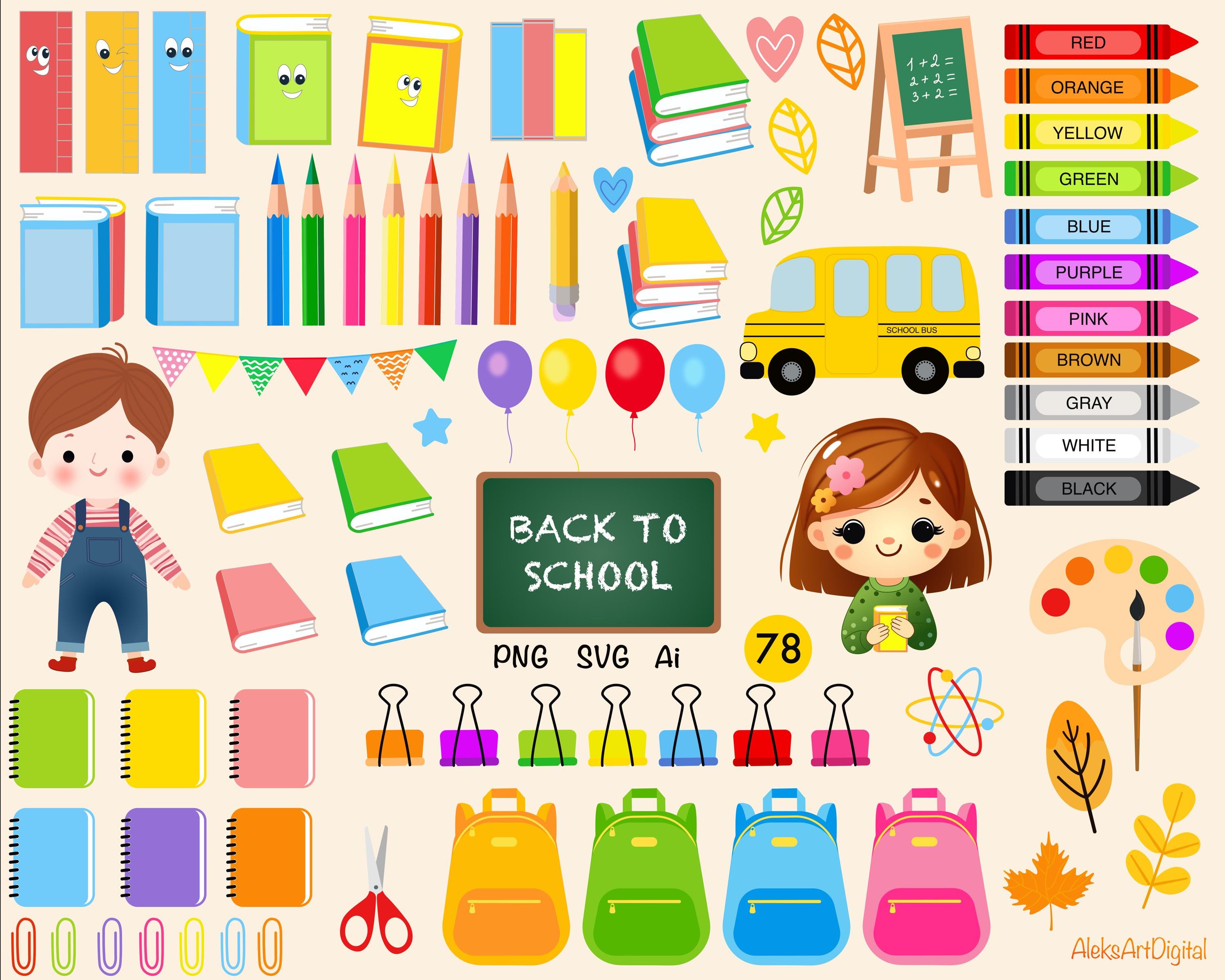 School Supplies Clipart Set SVG, School Clipart Bundle PNG, Art ...