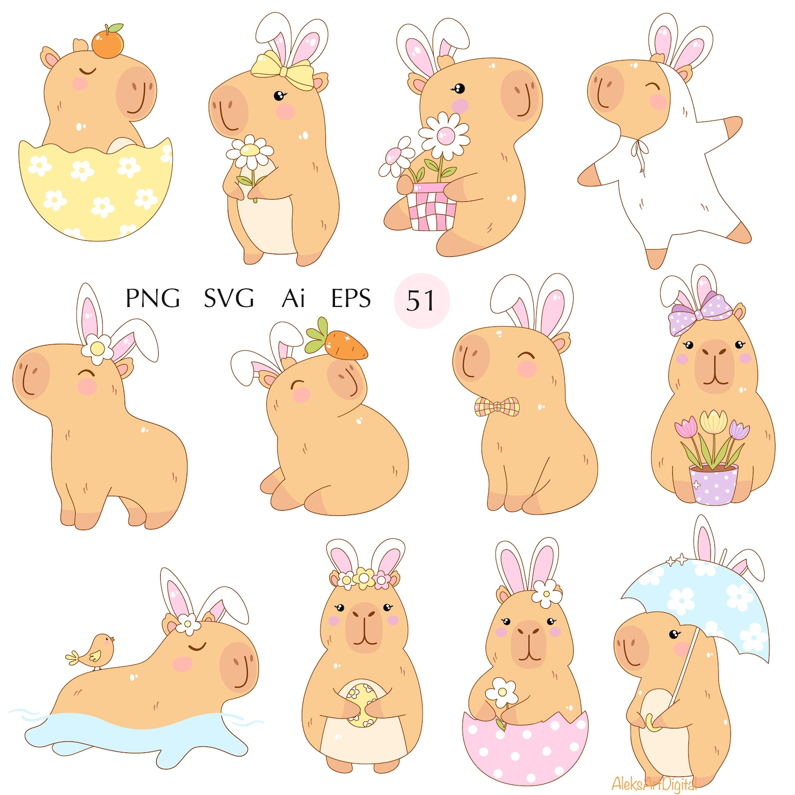 Easter Capybara 51 SVG Clipart Retro Groovy Spring Cute Kawaii Capybara ...