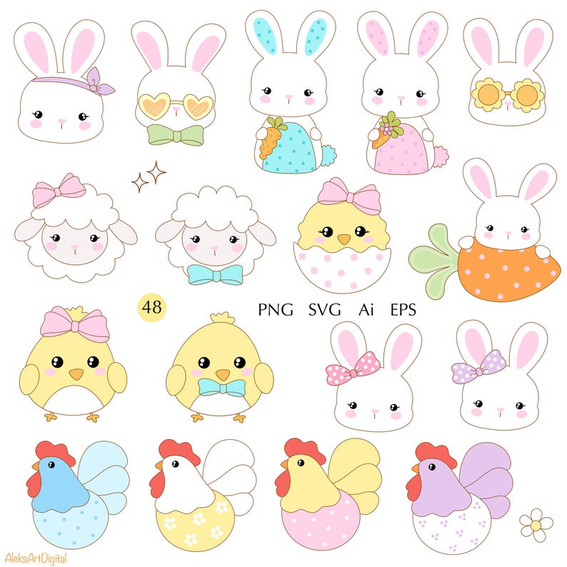 Retro Easter Clipart: Pastel Bunnies, Chicks, Lambs (SVG, PNG) - Etsy