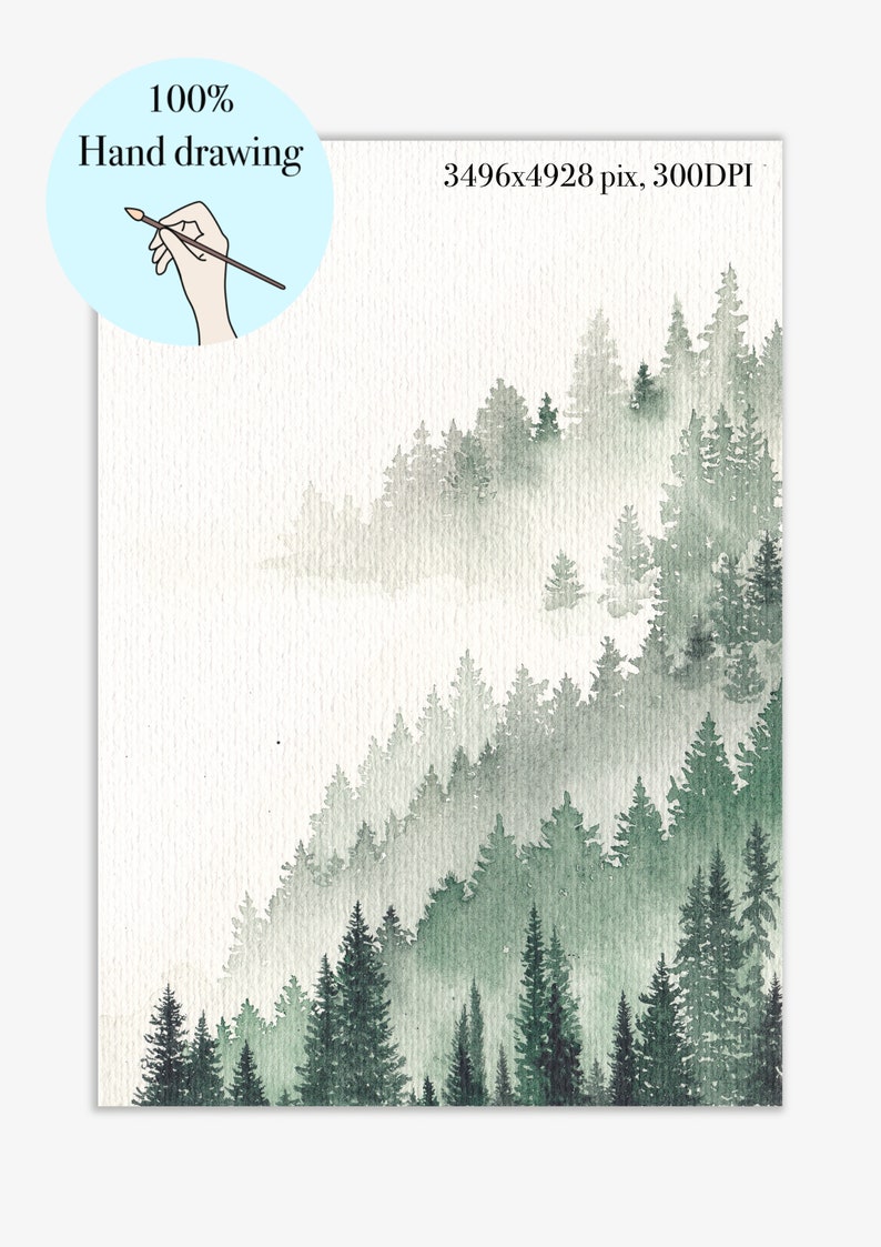 Forest Fog Watercolor Hand Drawing, Digital Illustration, Landscape Art ...