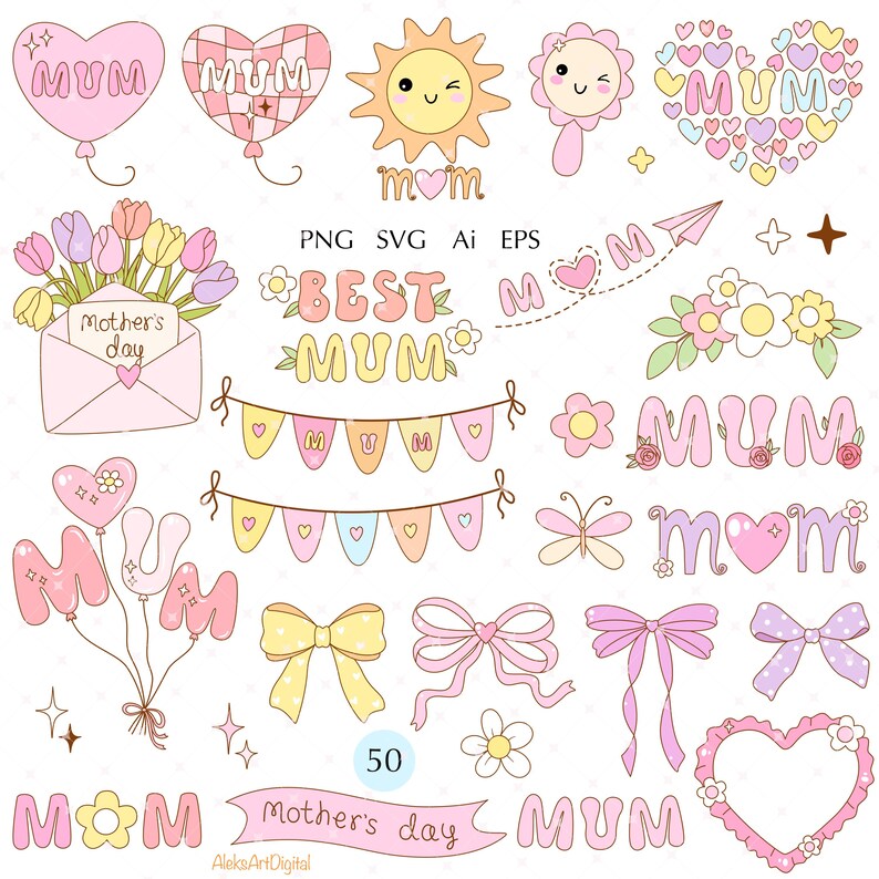 Retro Mothers Day Clipart SVG Set English Version, Mum Graphics Bundle ...