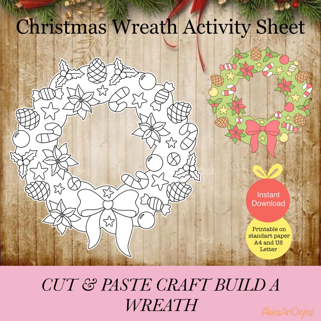 Printable Christmas Wreath Craft, Kids Holiday Coloring Page (digital ...
