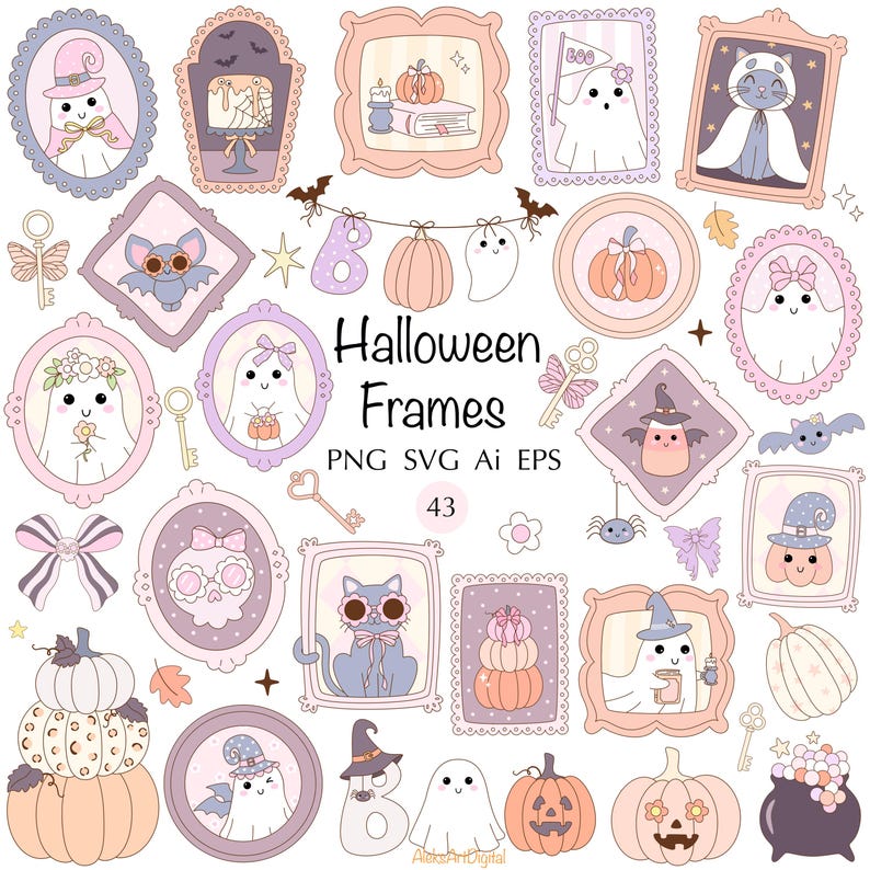 Pastel Halloween Clipart: Ghost Frames, Pumpkins (SVG, PNG) - Etsy